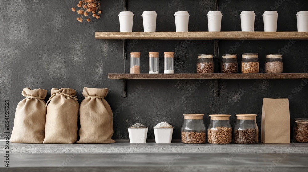 Coffeeshop shelves with white cups mockup, glass jars, brown bags ...