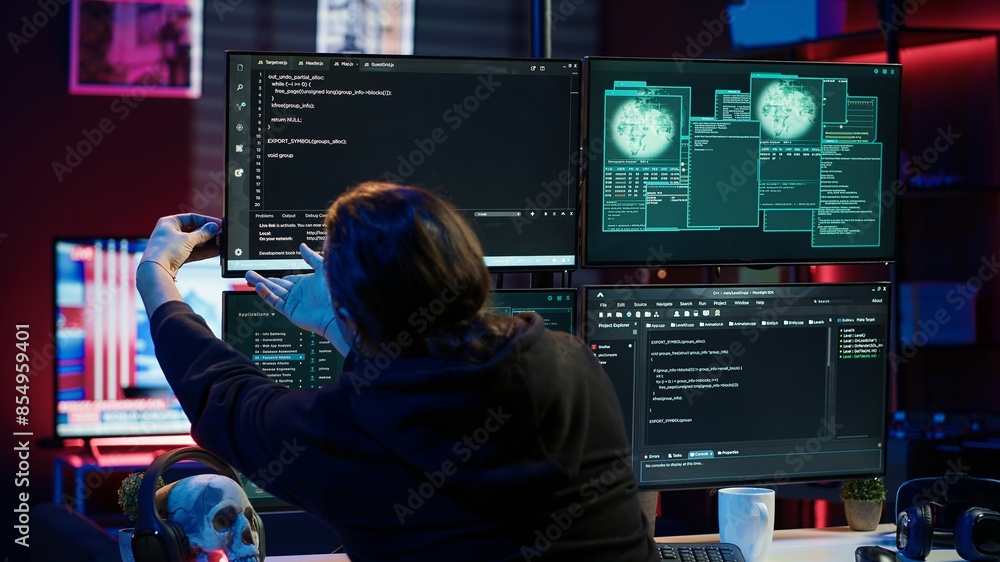 Dangerous hacker writing lines of code on PC from secret apartment, trying to get past security ...