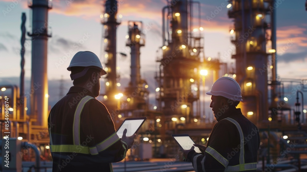 Engineers in uniform, holding tablets, inspecting an oil refinery field ...