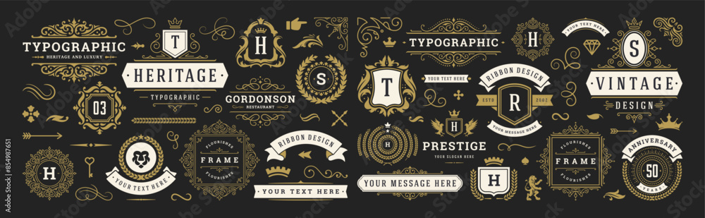 Vintage typographic decorative ornament design elements set vector ...