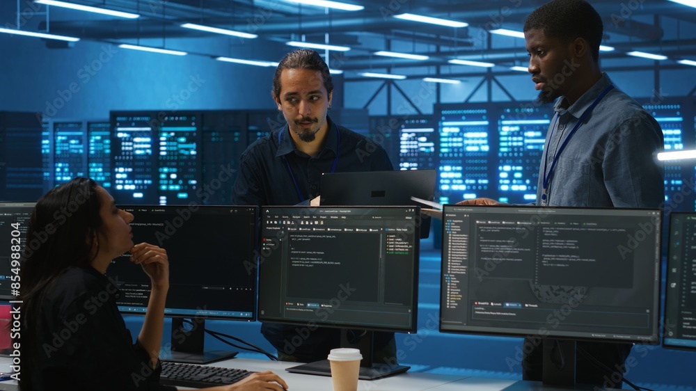 Man inspecting server farm, reading paperwork, following inspection checklist, talking with ...