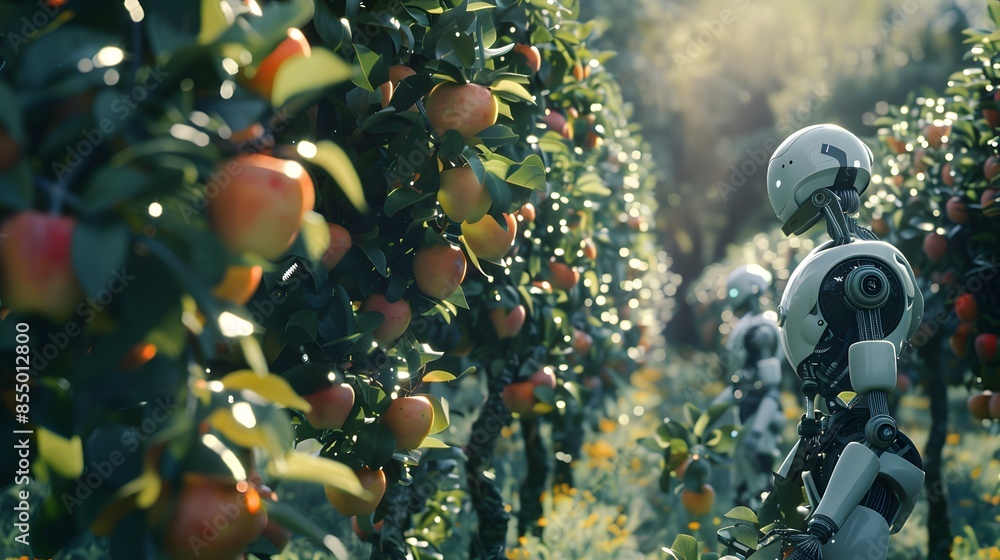 Robots harvesting apples in an orchard, showcasing advanced agriculture ...
