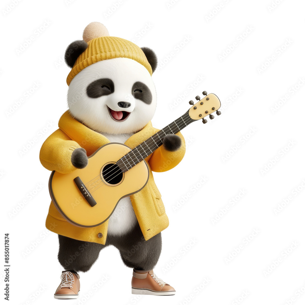 Cartoon panda musician in yellow jacket playing guitar on transparent ...