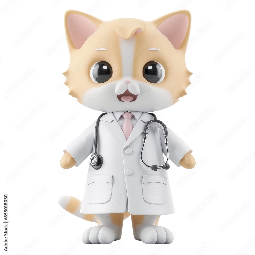Cartoon cat doctor in white coat holding clipboard on transparent ...