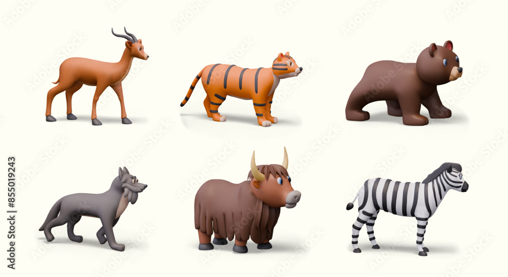 Collection of wild animals in realistic style. Gazelle, tiger, brown ...