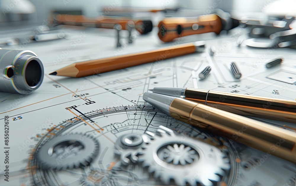 3D render ,drawing tools and gears on a background of engineering ...