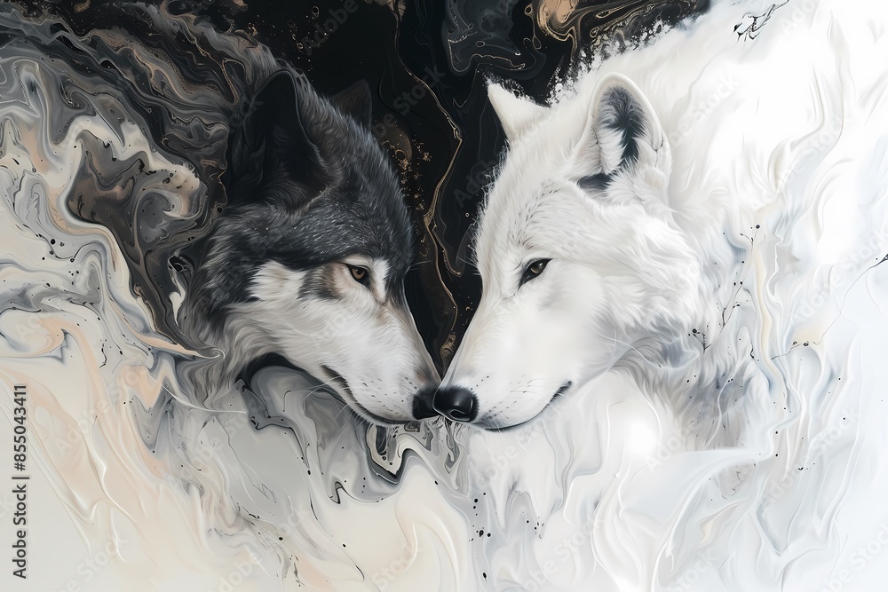 Abstract painting featuring two wolves facing each other in a mesmerizing and colorful depiction ...