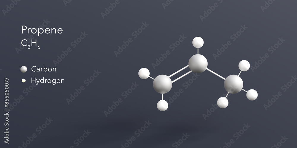 propene molecule 3d rendering, flat molecular structure with chemical ...