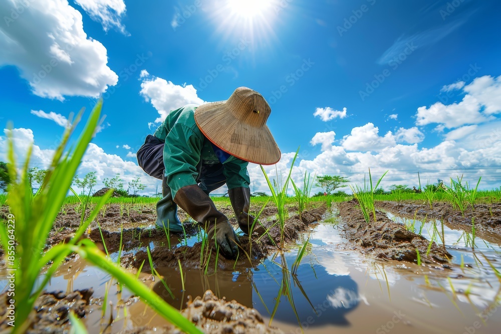 rhythm of rural life as a farmer tends to rice paddies, planting each ...
