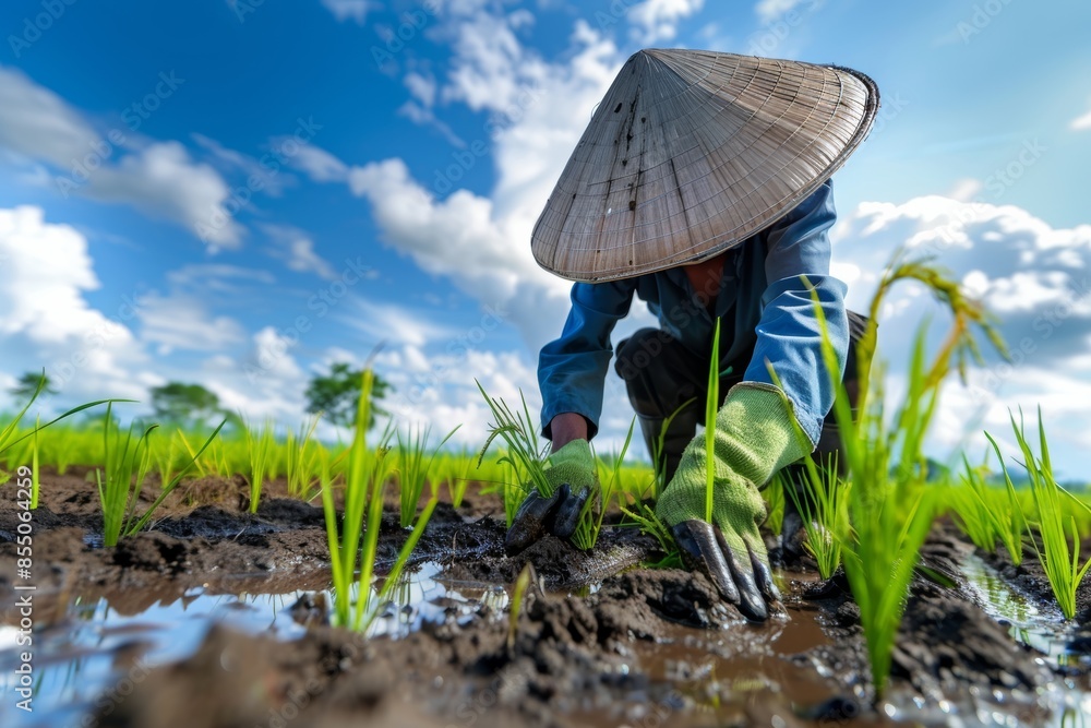 rhythm of rural life as a farmer tends to rice paddies, planting each ...