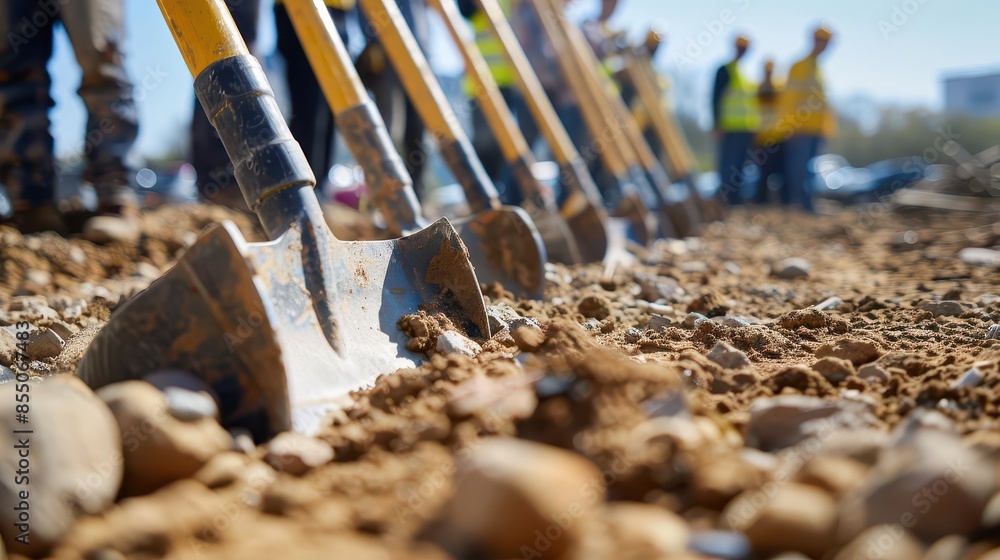 construction site groundbreaking ceremony with shovels and hardhats ...