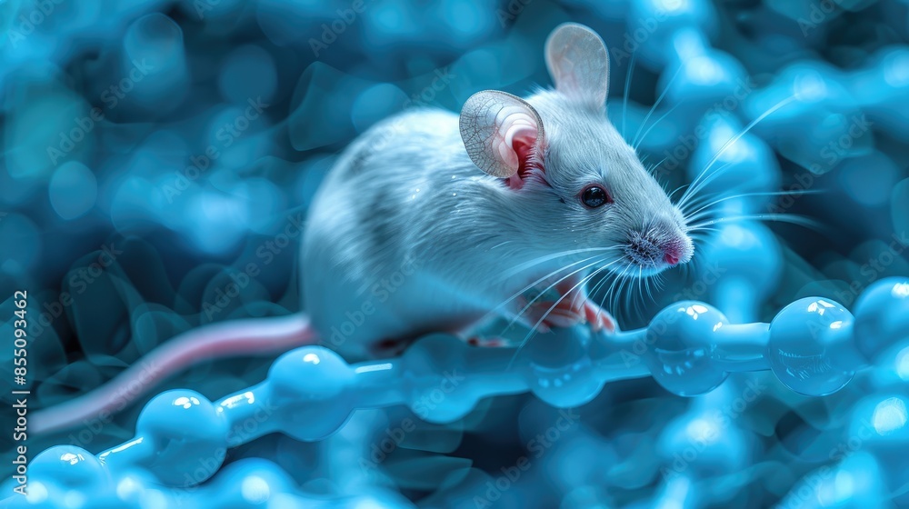 A detailed image of a laboratory white mouse on a structure that mimics ...