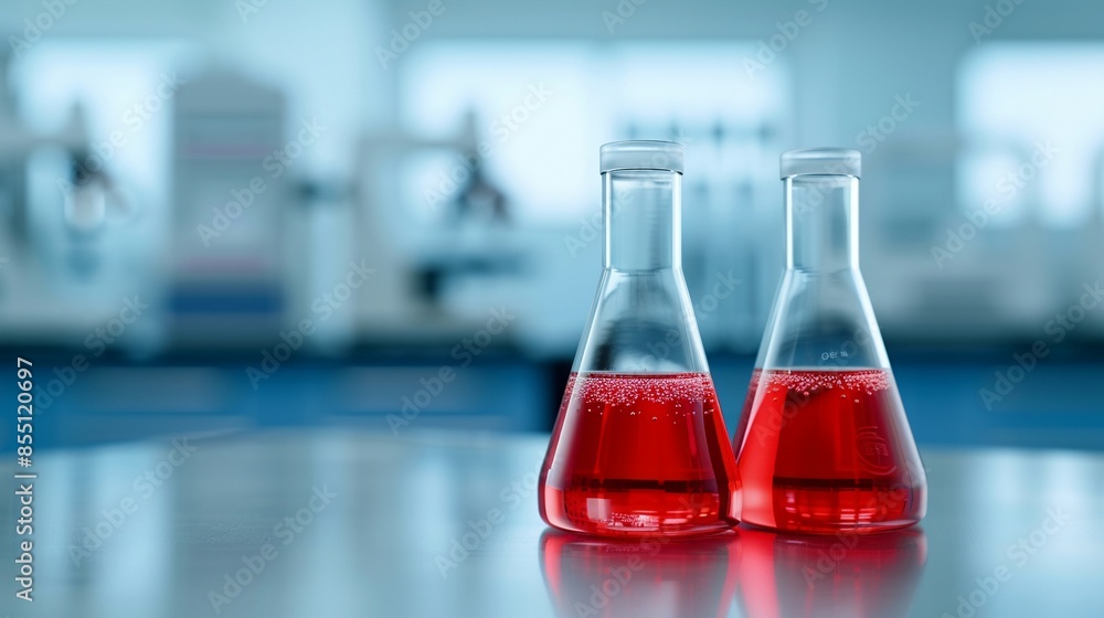 Flasks filled with red chemical solution, bubbles visible inside ...