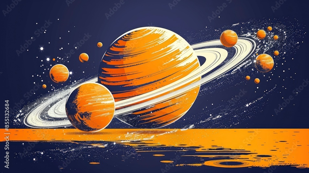 Vector illustration of multiple planets on a purple background, simple ...