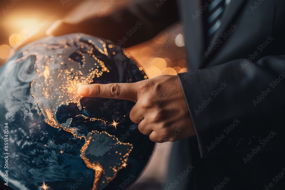 Businessman finger pointing at map of world on globe, global business ...