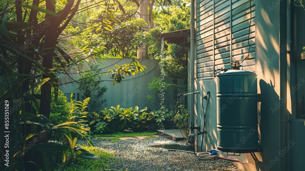 Rainwater harvesting system in a residential garden, conserving water ...