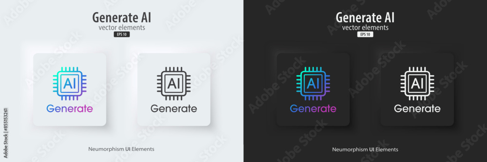 Set of Generative AI in black and white neumorphism style. Generate AI buttons. Machine learning ...