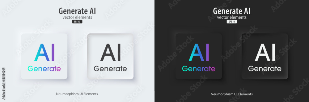 Set of Generative AI in black and white neumorphism style. Active and inactive buttons. Machine ...
