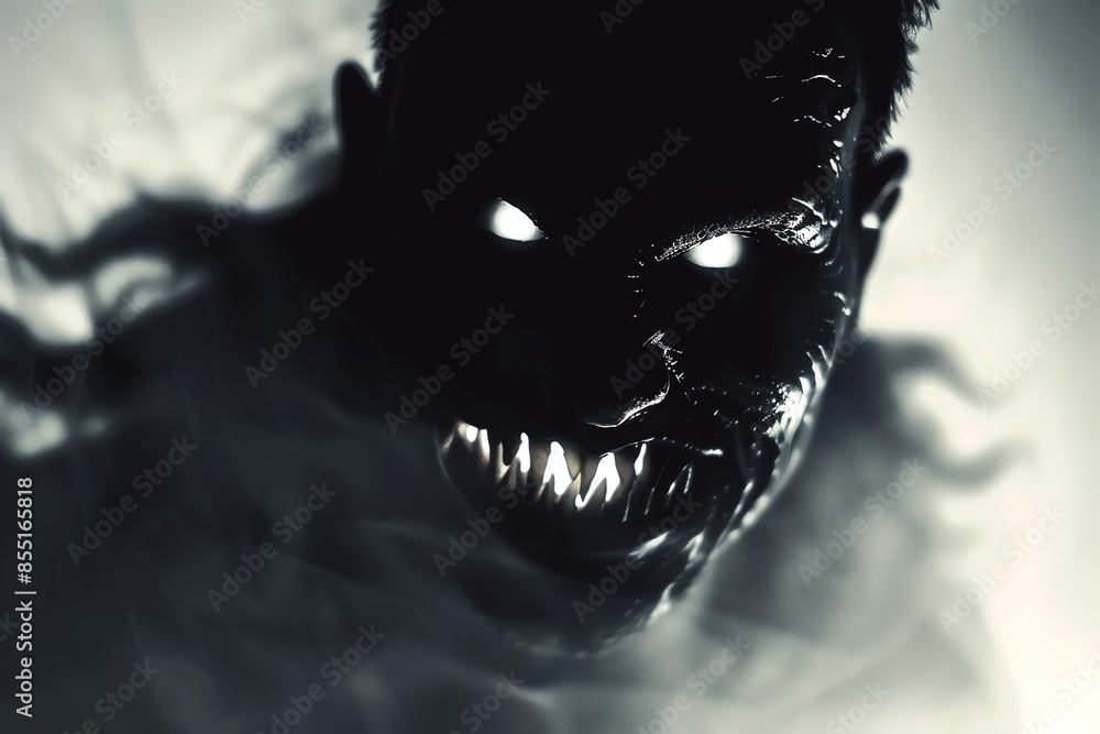 Dark and eerie figure with glowing eyes and sharp teeth, emerging from shadows with a sinister ...