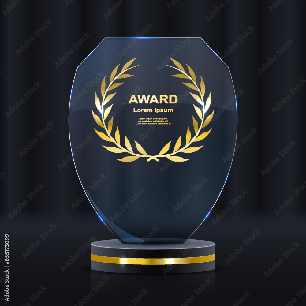 Set of glass award trophy with laurel wreath. Transparent prize ...