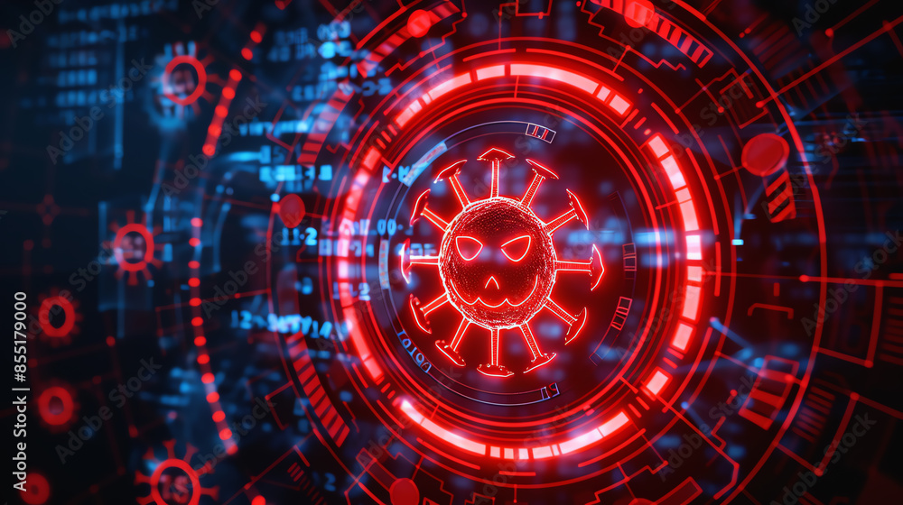 Futuristic malware alert with red warning symbols, top view, cyber ...