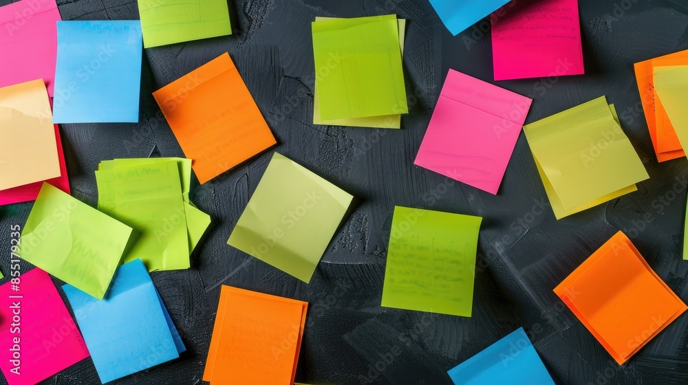 Colorful sticky notes and blank note paper on black background top view ...