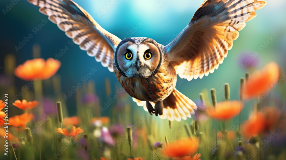 Beautiful flying owl on spring field full of bright wild flowers ...