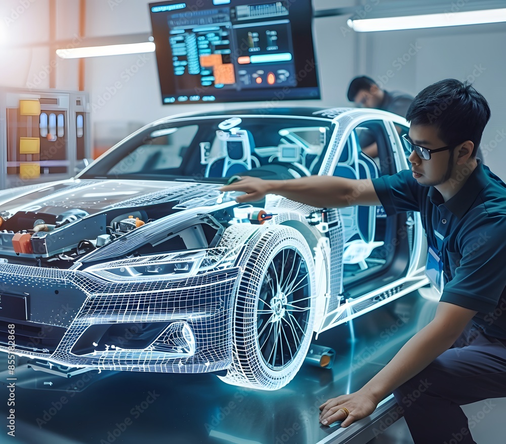 Innovative car design team utilizing augmented reality to review the ...