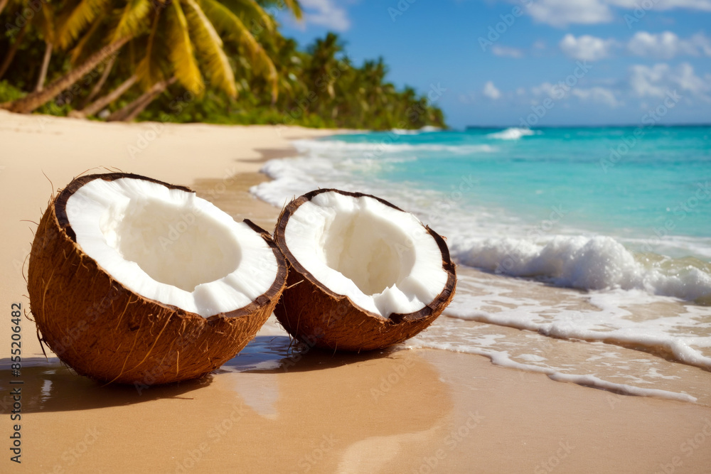 Two coconuts on a sandy beach in front of palm trees and blue ocean ...