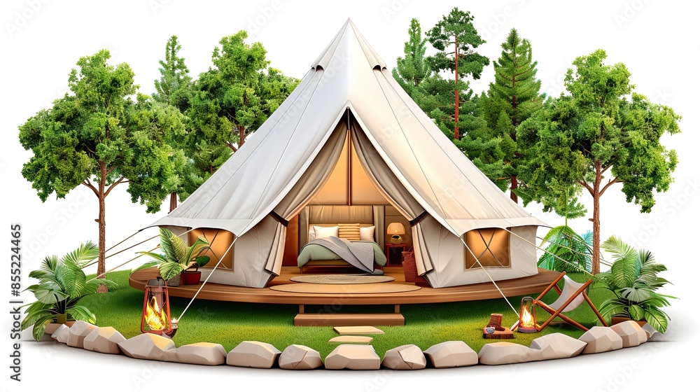 Luxurious glamping tent surrounded by nature with cozy interior and ...