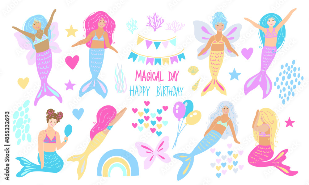 Cute little mermaid birthday cards clipart set. Vector illustration ...