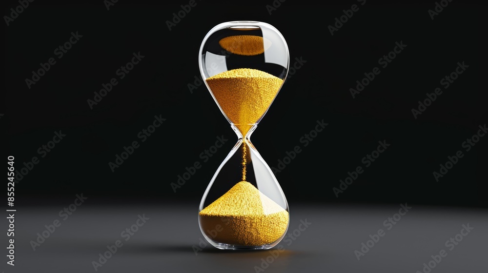 Time running out represented by yellow sand in an hourglass, isolated against an empty black ...