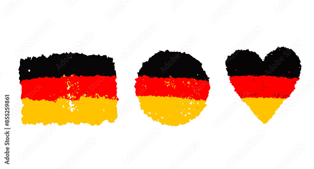 German colours shapes. Hand drawn heart, rectangle, circle, and stripe ...