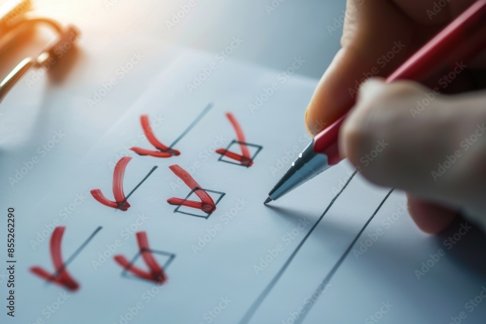 Closeup of a hand checking off items on a to-do list with a red pen ...