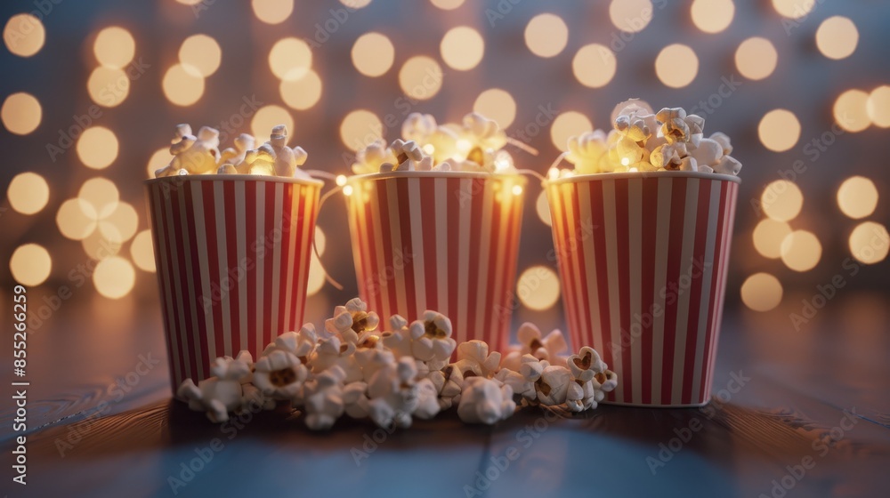 Three red and white striped popcorn buckets with popcorn spilling out ...