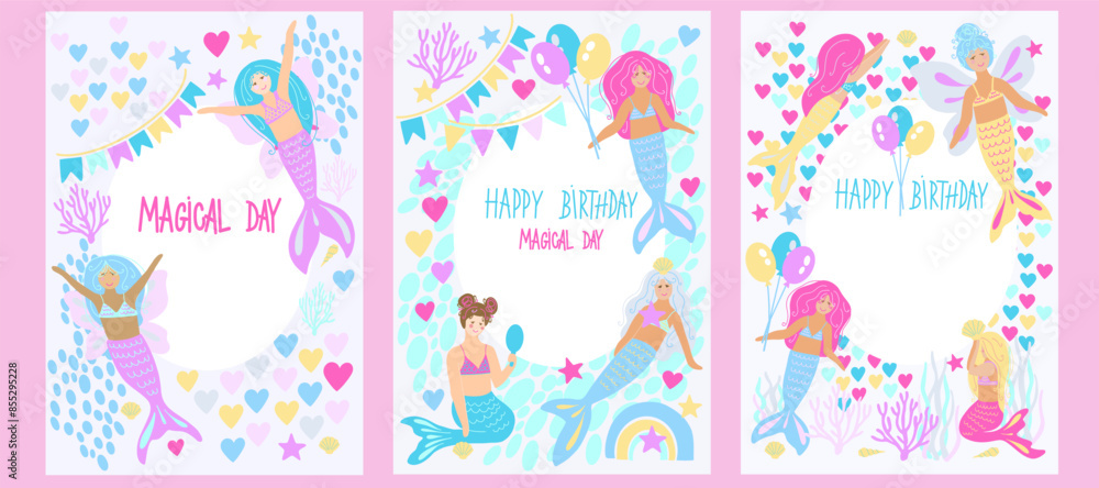 Cute little mermaid birthday cards clipart set. Vector illustration ...