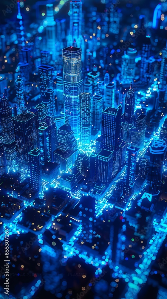 Neon Blueprint of Urban Progress, Complex 3D visualization of a city's ...