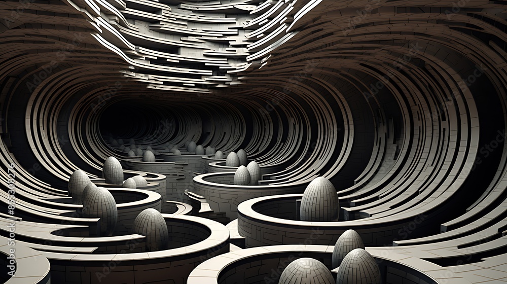 Futuristic architecture with a maze-like structure. The walls are ...