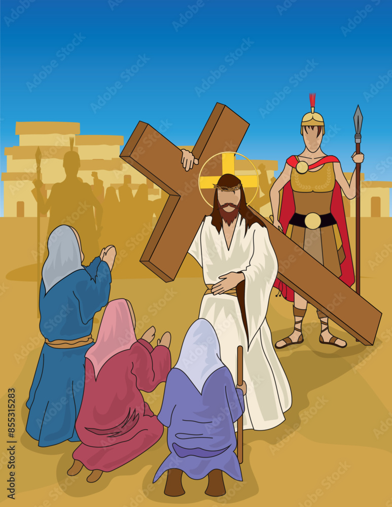 Vector illustration of the Way of the Cross, stages, viacrucis Stock ...