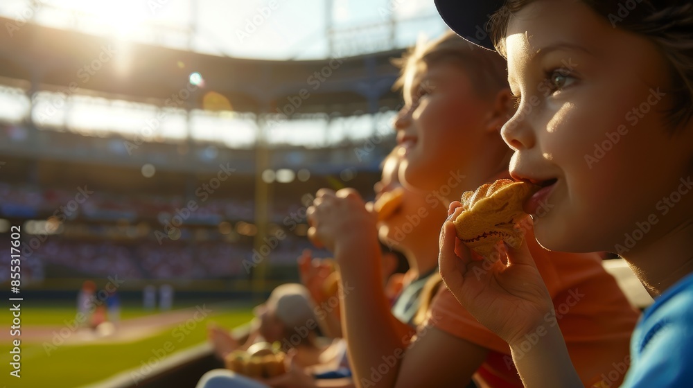 Family Enjoying a Baseball Game with Children Eating Snacks in the ...