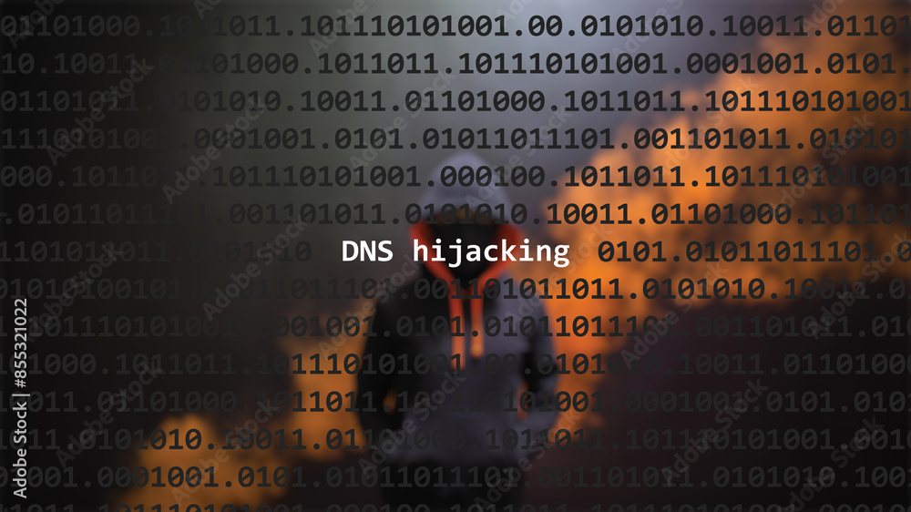 Cyber attack dns hijacking text in foreground screen, anonymous hacker hidden with hoodie in the ...