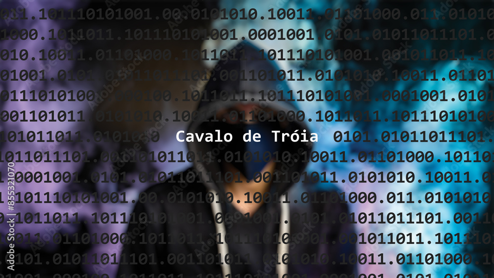 Cyber attack. Translation: trojan horse text in foreground screen, anonymous hacker hidden with ...