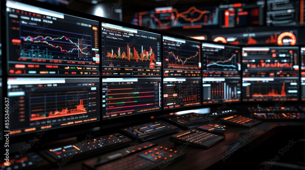 High-Tech Control Room: Digital Dashboard with Multiple Screens Stock Illustration | Adobe Stock