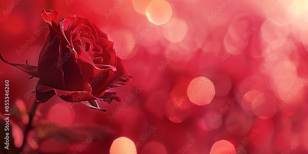 Close up of tender red rose isolated on blurred red background ...
