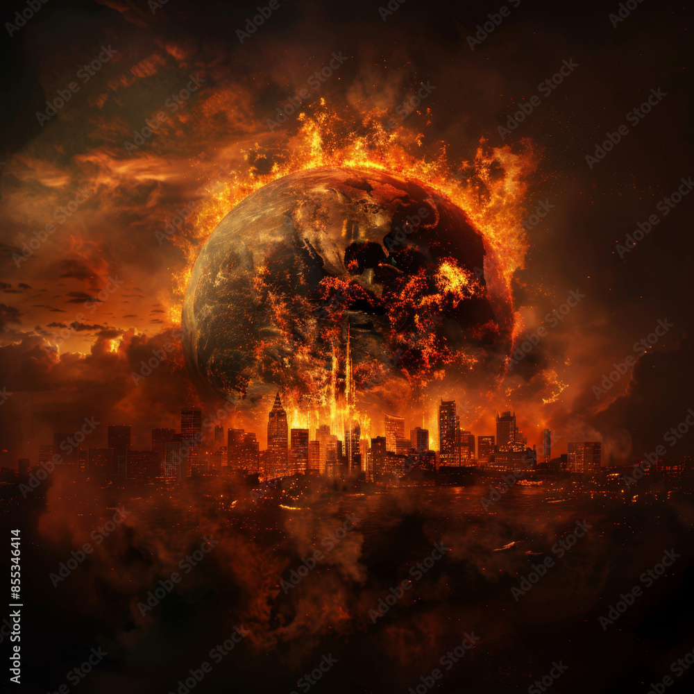world burning, earth on fire, buildings in flames, planet Earth is ...