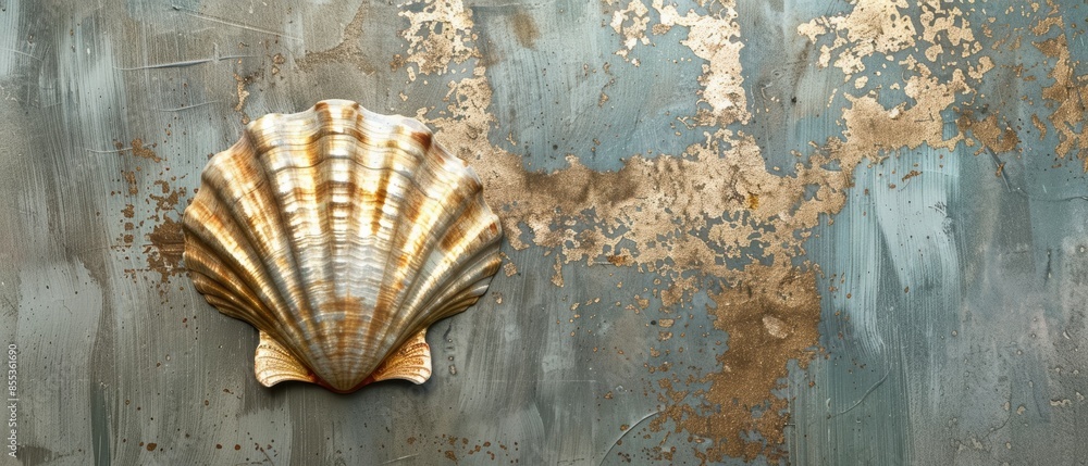 Golden scallop shell on destroyed green and golden wall. Iconic symbol ...