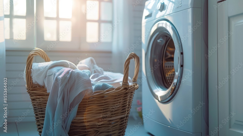 Side view of an overflowing laundry basket placed next to a washing ...