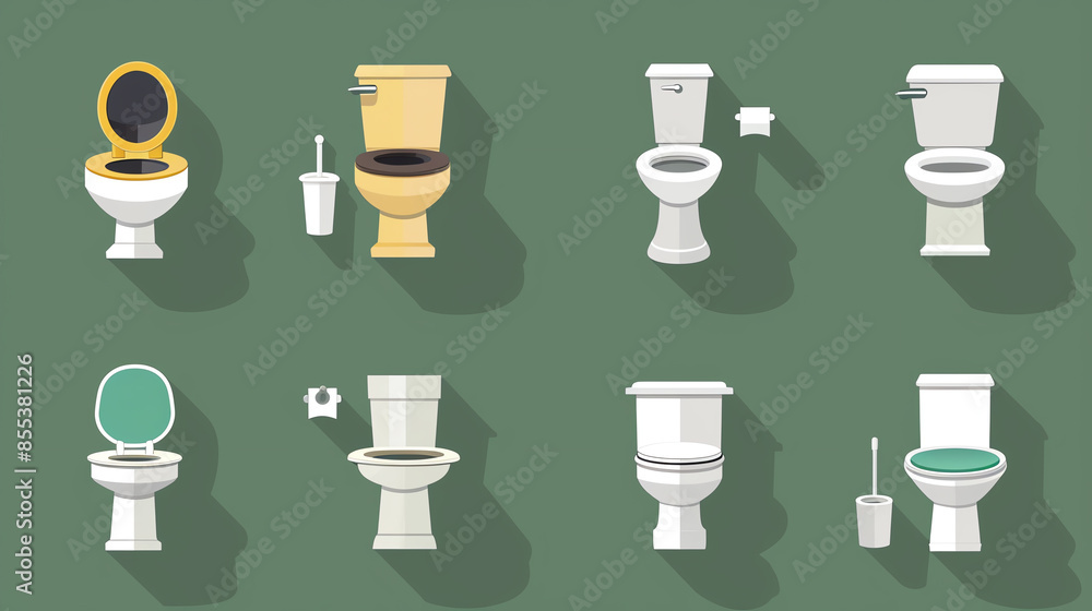 Vector illustration of various toilet designs in flat style. Different ...