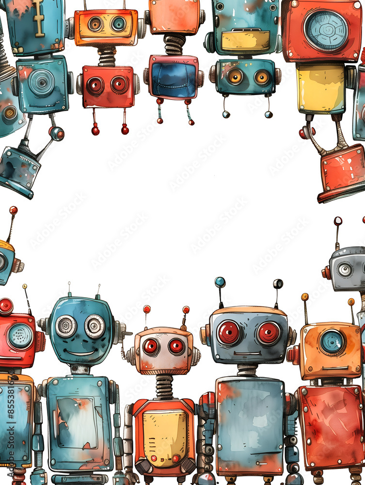 Cute cartoon frame border of robots in the style of watercolor clipart ...