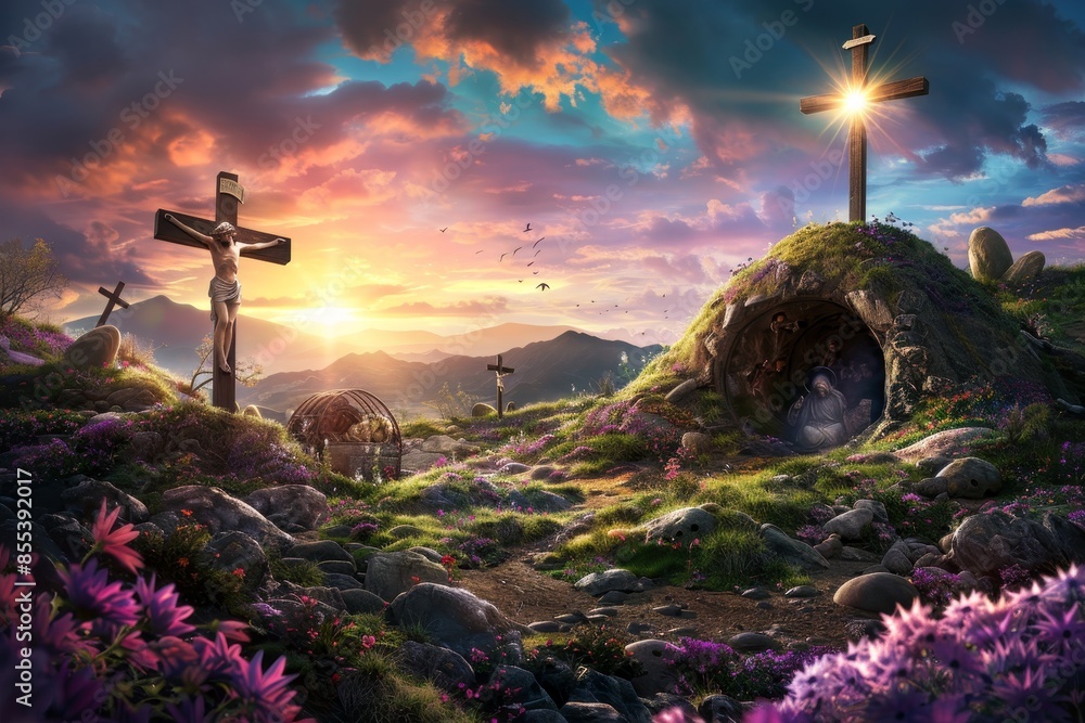 Sunrise resurrection empty tomb and crucifixion symbolizing jesus ...